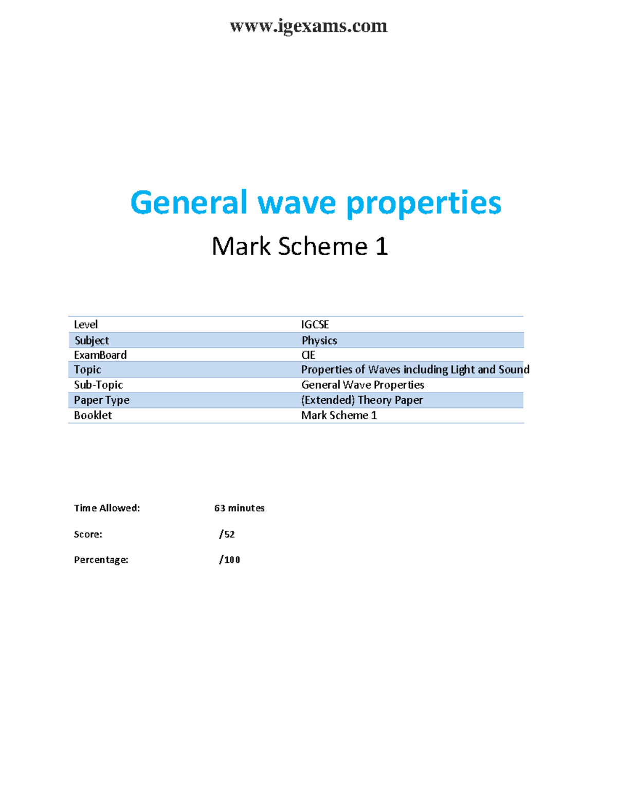 IGCSE Physics CIE General Wave Properties Mark Scheme 1 - Studocu