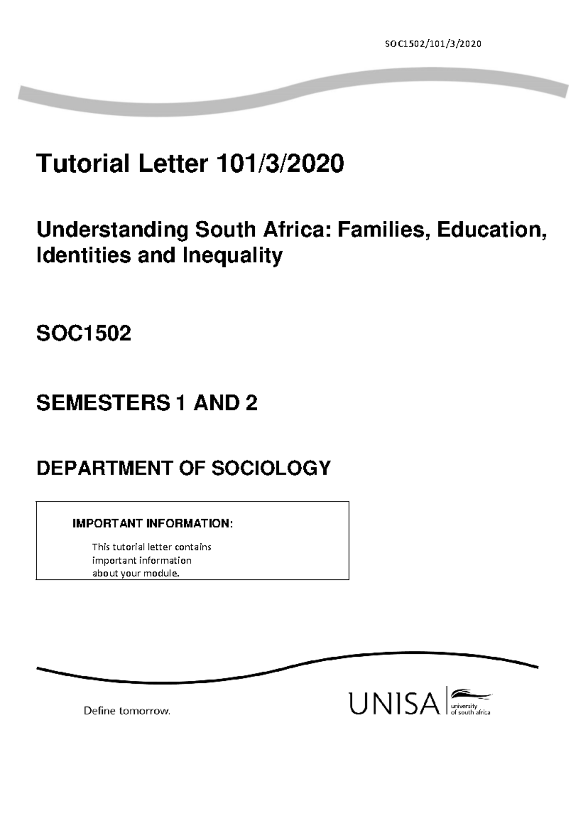 SOC1502 Tutorial Letter 1: Understanding South Africa's Inequalities ...