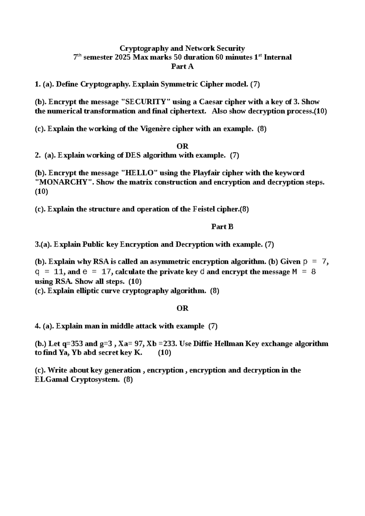 Cryptography and Network Security 7th Sem Internal Exam QP 2025 - Studocu