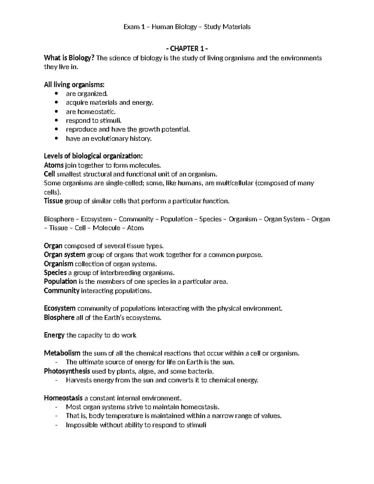 Exam 1 Human Biology Study Materials: Key Concepts Overview - Studocu