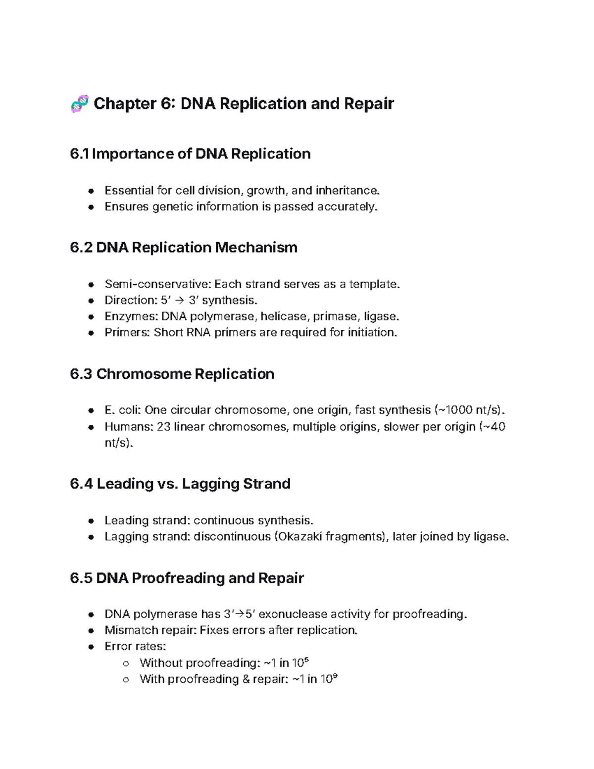 Chapter 6 Notes: DNA Replication & Repair Mechanisms - Studocu