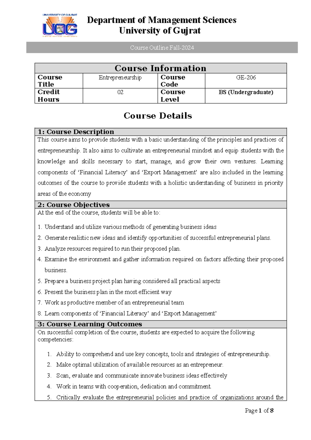 GE-206 Detailed Course Outline (Fall-2024) - University of Gujrat ...