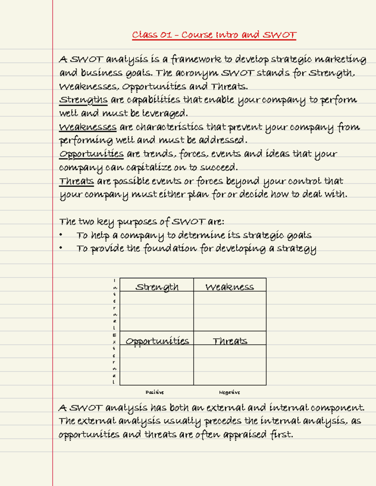 COMM 101 Class 01 - Class 01 - Course Intro and SWOT A SWOT analysis is ...