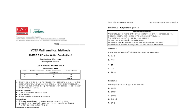 QAT e2 2024 VCE Math Methods Practice Exam Solutions and Notes - Studocu
