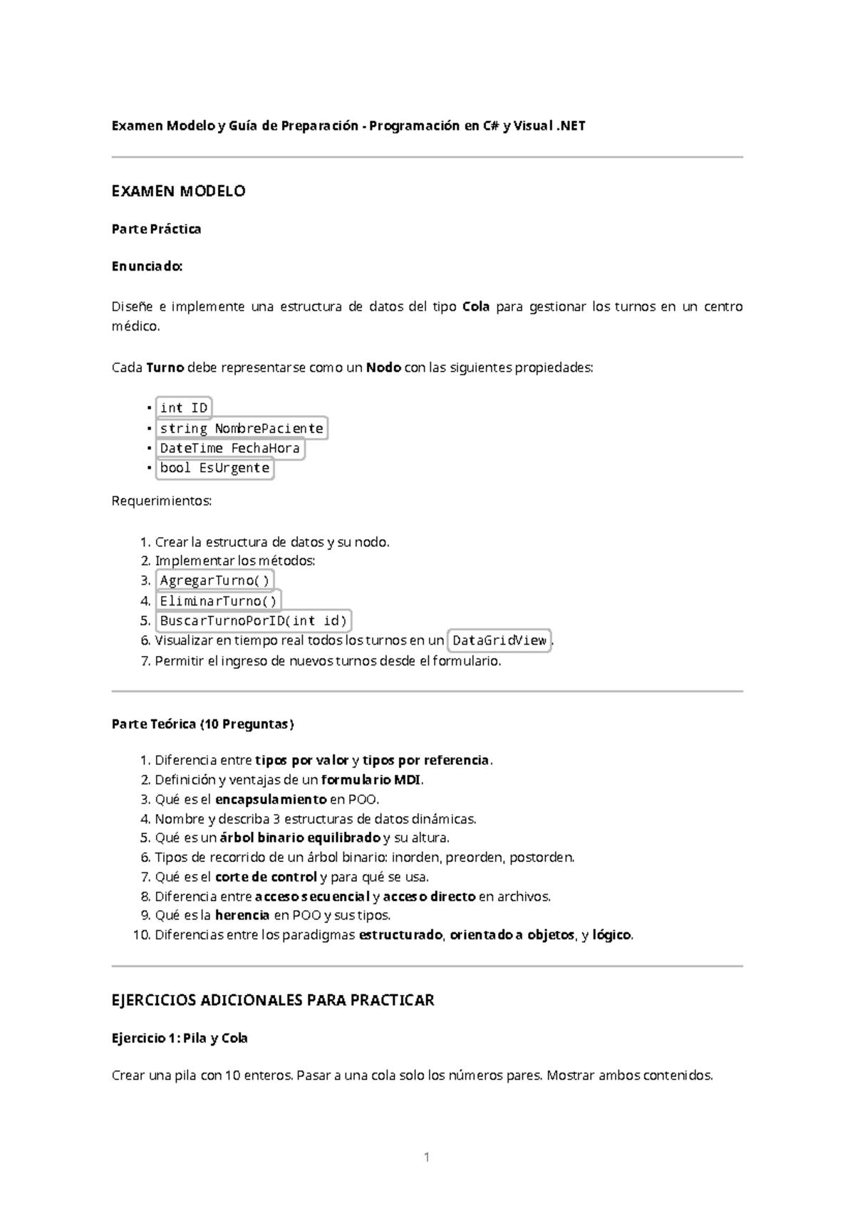 Examen Modelo y Guía de Preparación Programación en Visual .NET - Studocu
