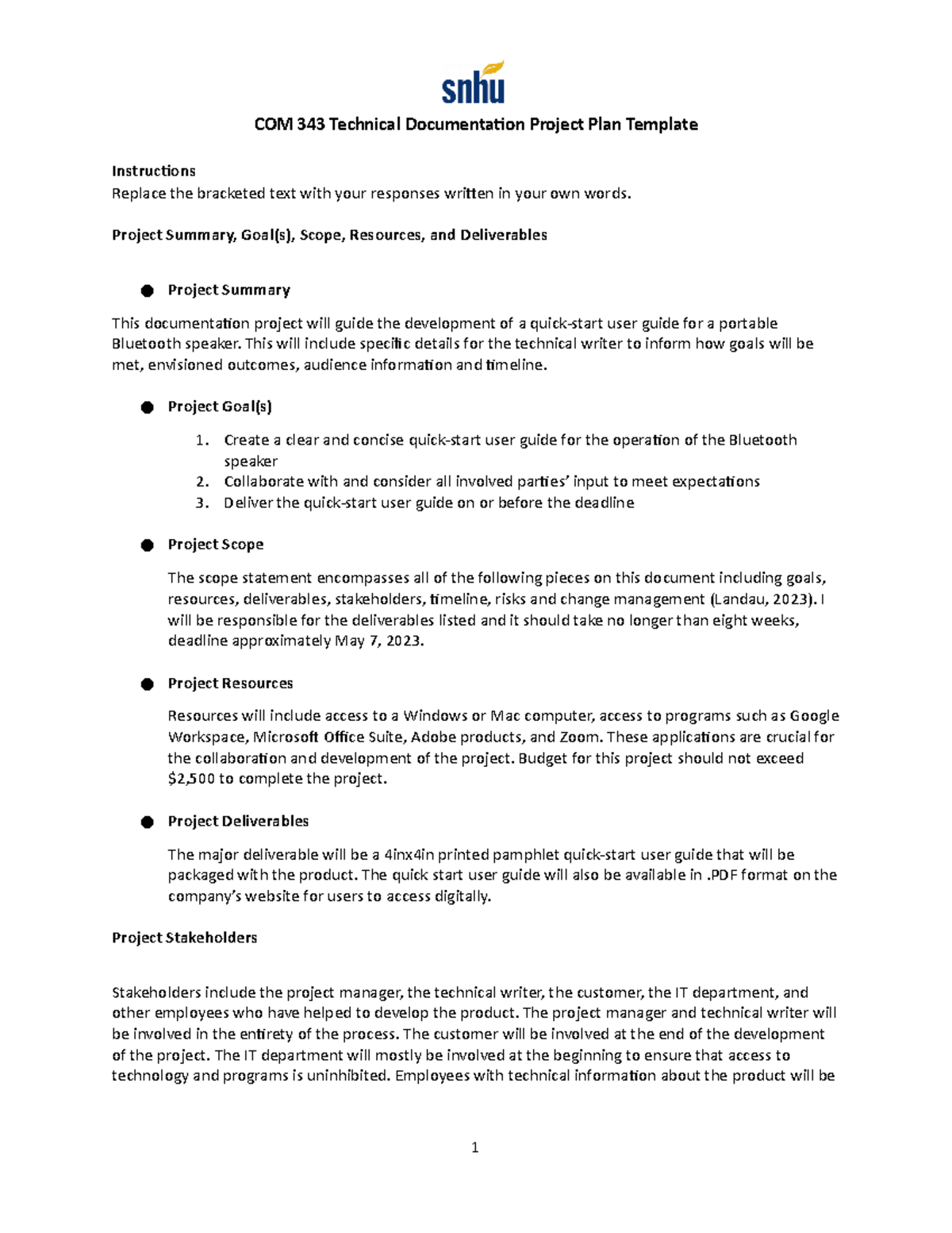 COM 343 Technical Documentation Project Plan Template Overview - Studocu