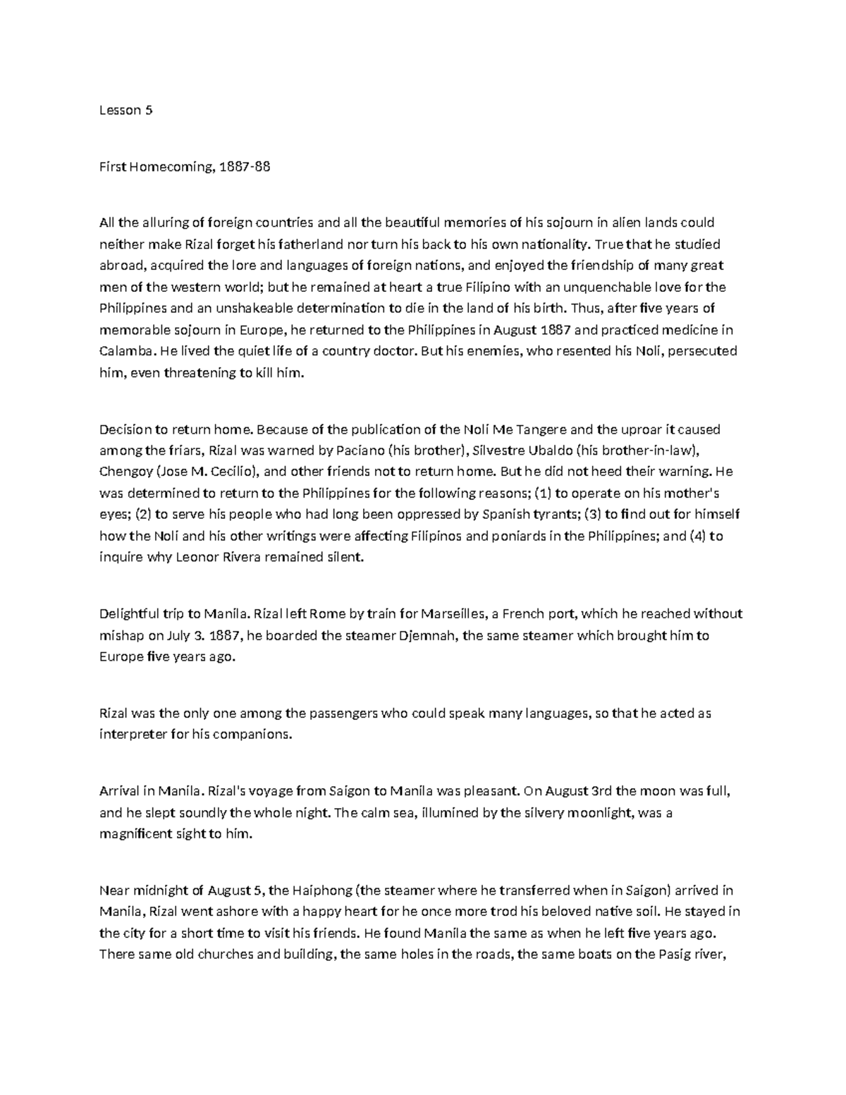 Lesson 5: Rizal's Return and Homecoming to the Philippines - Studocu