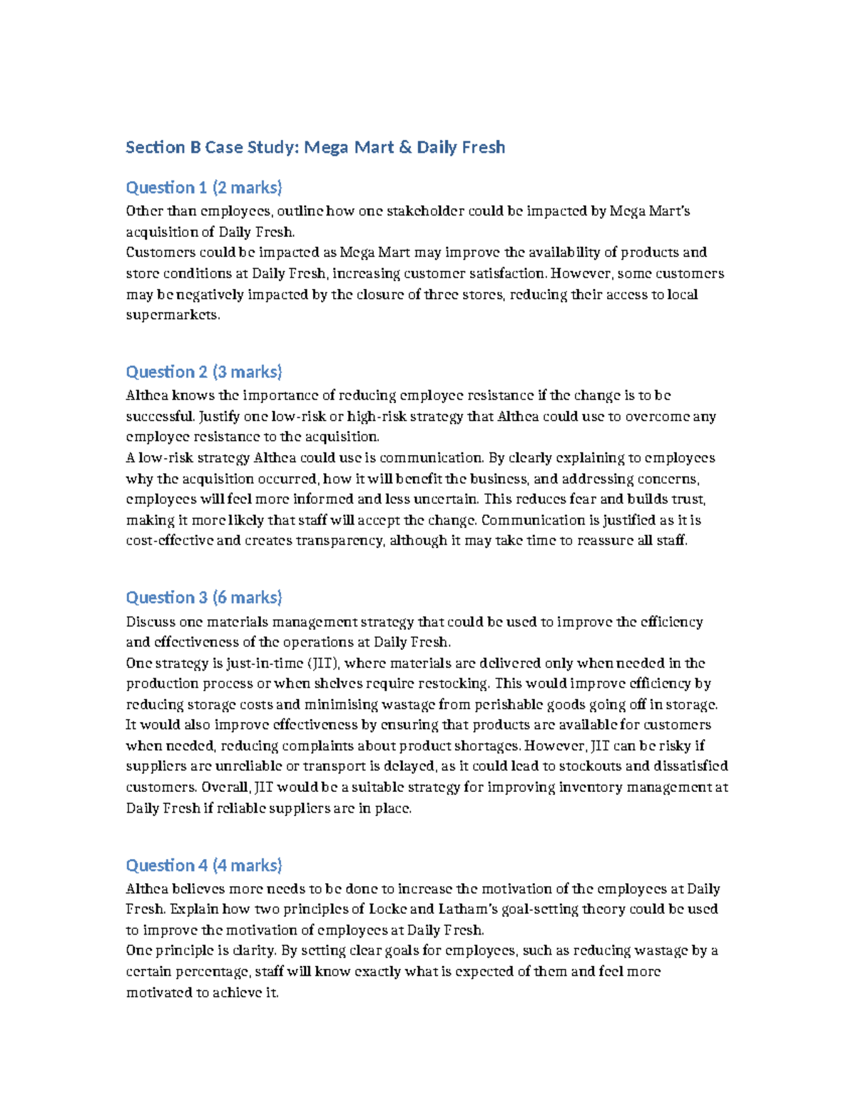 VCE Business Management Section B Case Study: Mega Mart & Daily Fresh ...