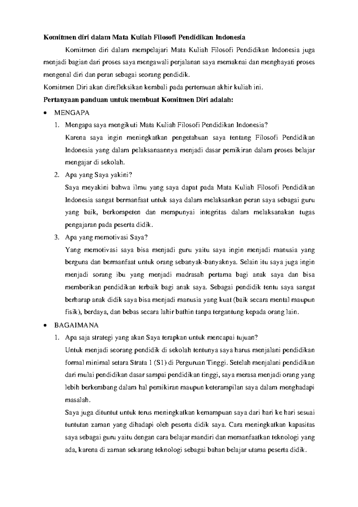 Komitmen Diri dalam Mata Kuliah Filosofi Pendidikan Indonesia - Studocu