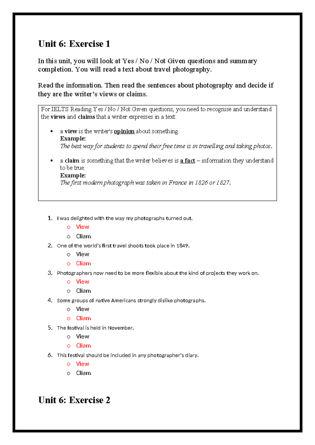 Unit 6: IELTS Reading - Yes/No/Not Given Practice Exercises - Studocu