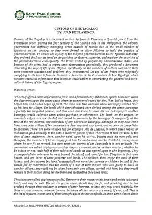 Customs of the Tagalogs: A Contextual Analysis (PHILHIST 101) - Studocu