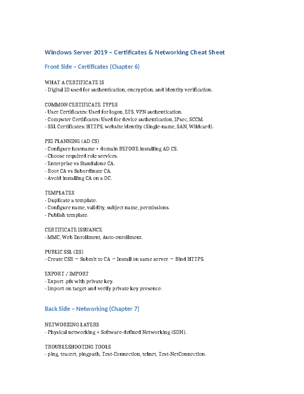 Windows Server 2019 Networking & Certificates Cheat Sheet (Ch. 6 & 7 ...