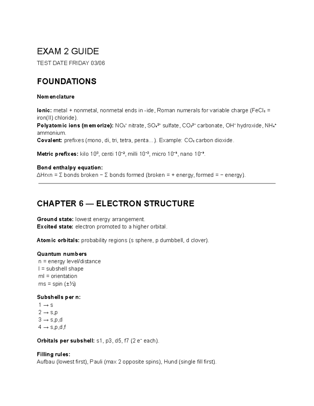 Chemistry Exam 2 Study Guide - Studocu