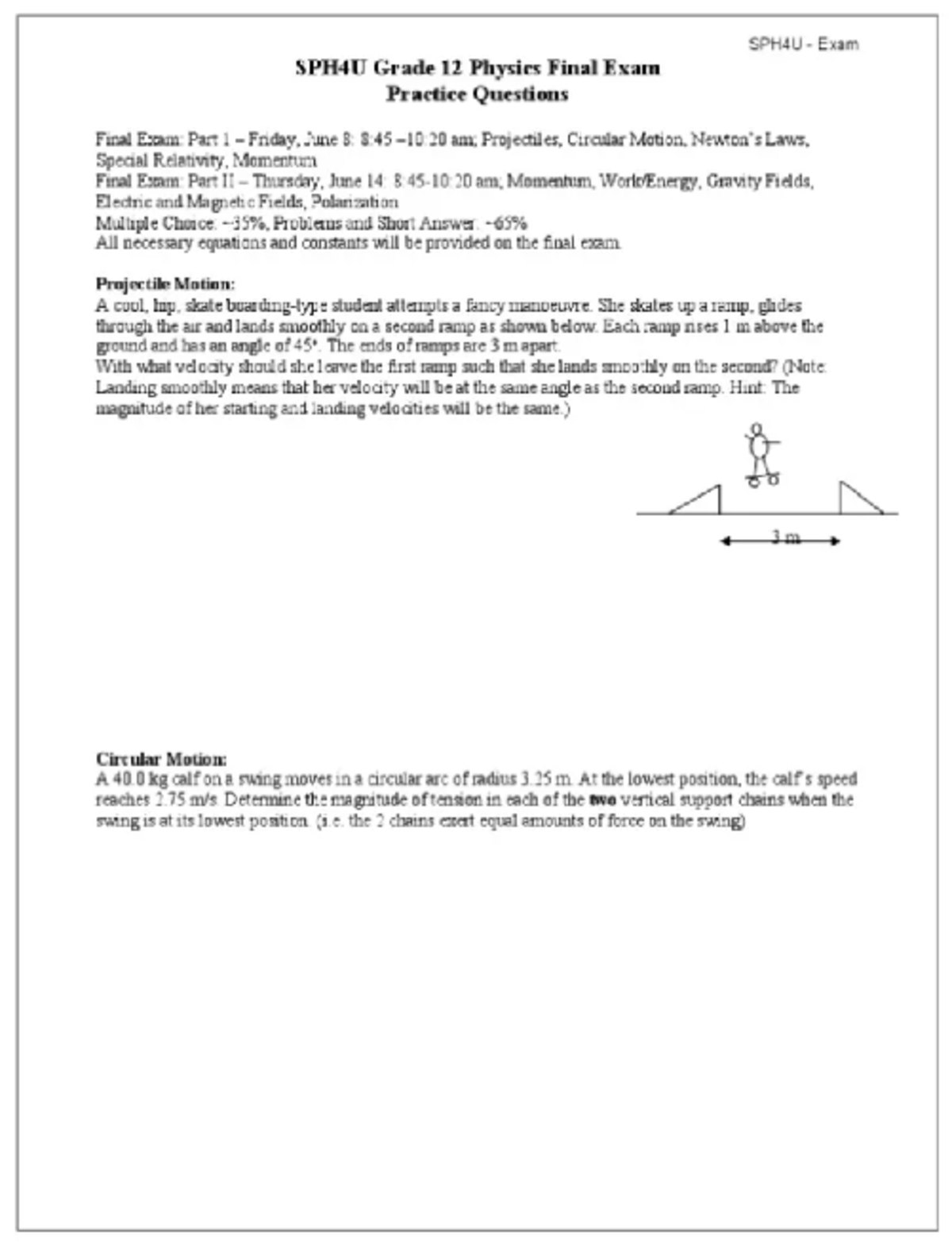 SPH4U - Grade 12 Physics Final Exam Practice Questions - Studocu