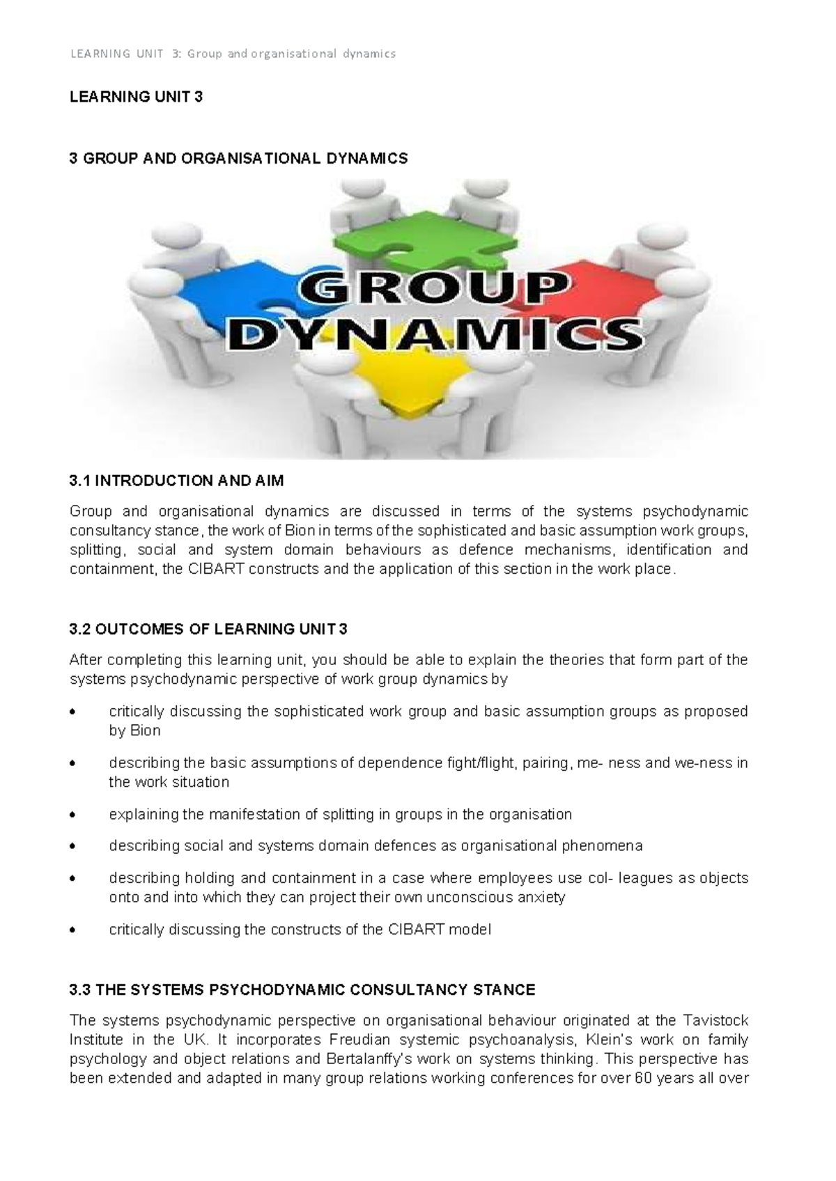 LEARNING UNIT 3: Group and Organisational Dynamics Overview and ...