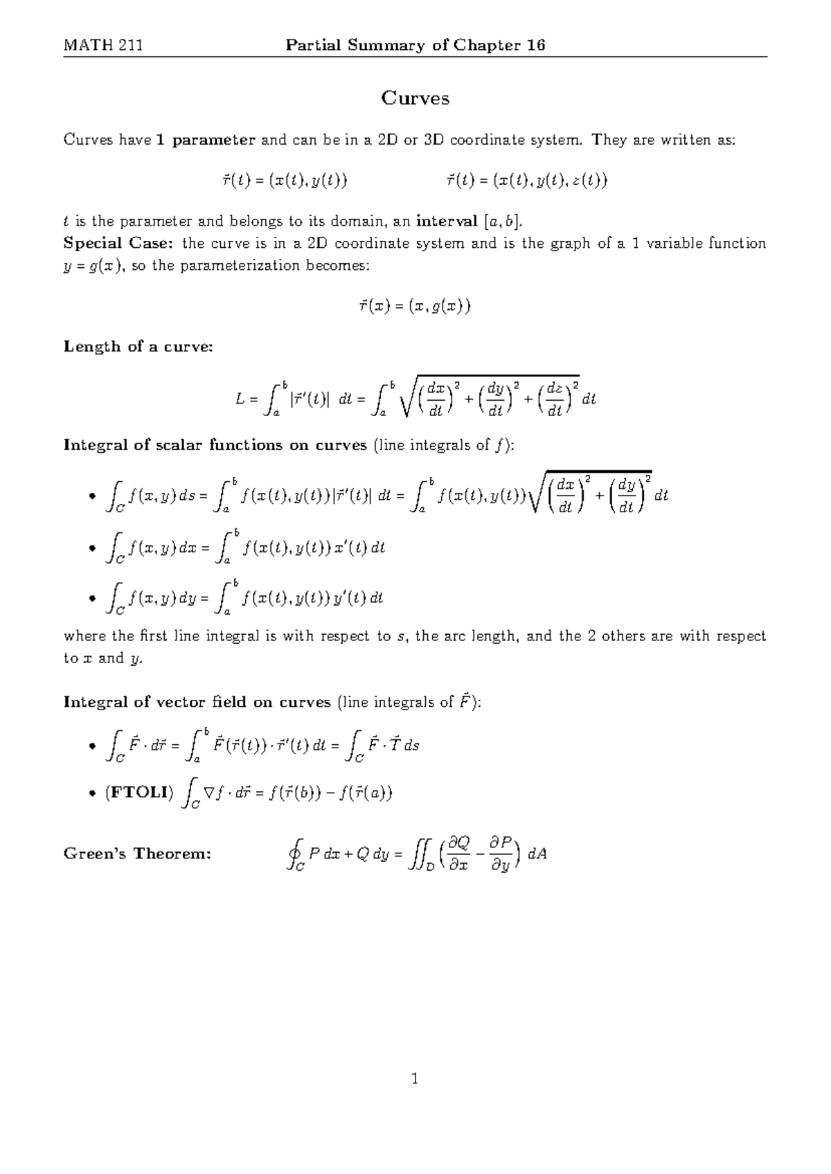 MATH 211 Summary of Chapter 16: Curves and Integrals - Studocu