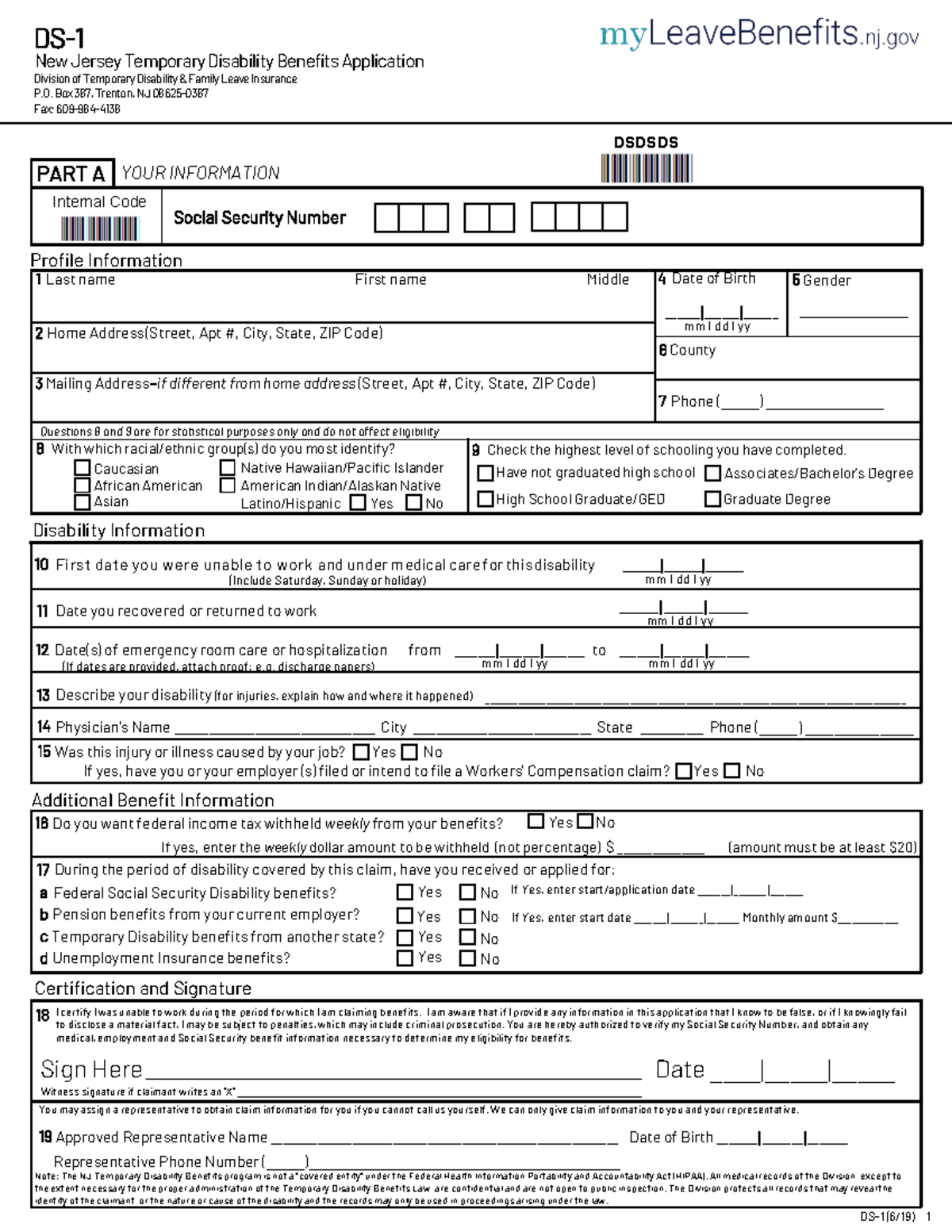 DS1 6-19 - New Jersey Temporary Disability Benefits Application Guide ...