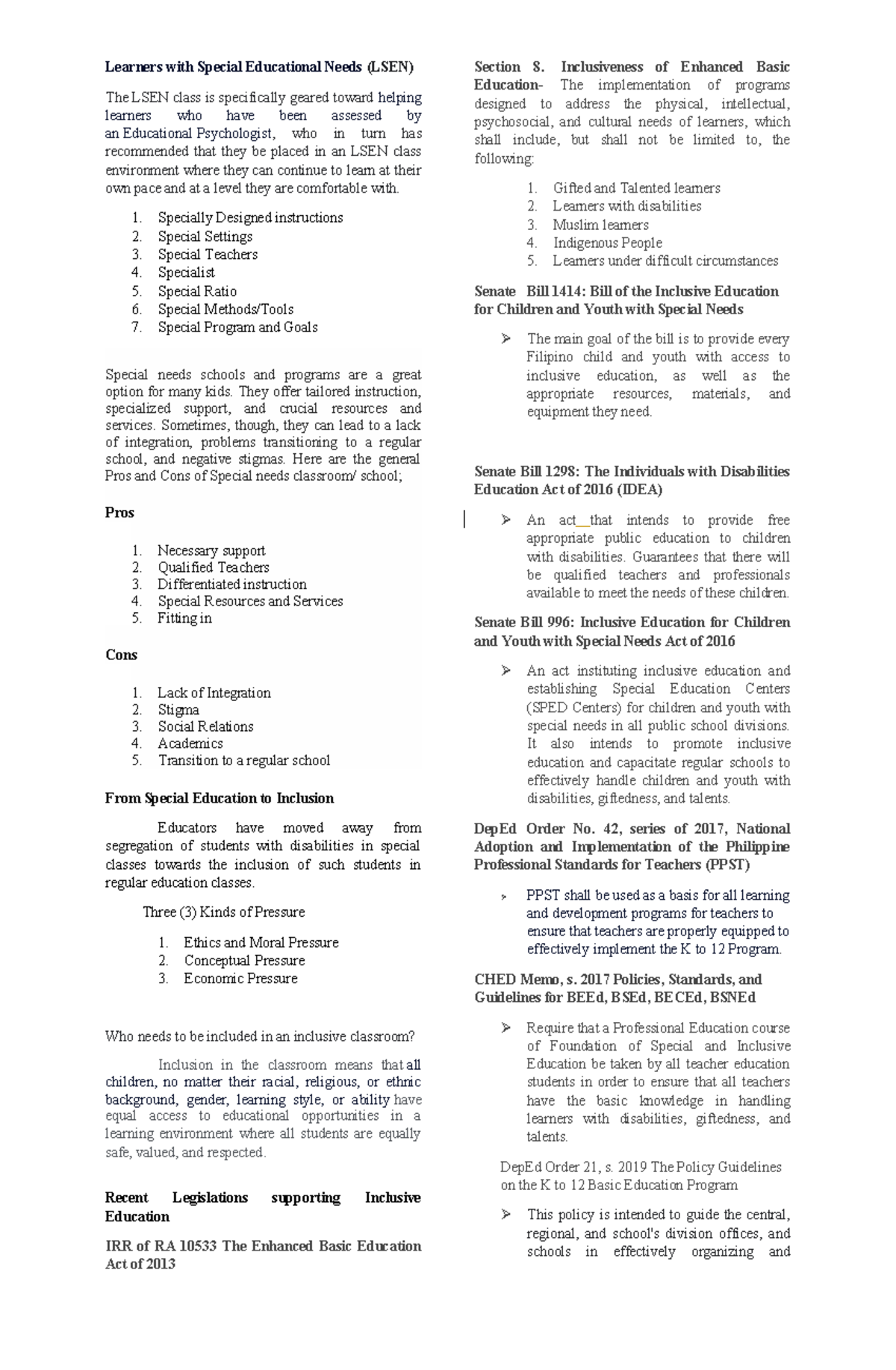 Foundations Of Special Inclusive Education Edu 101 Summary Notes