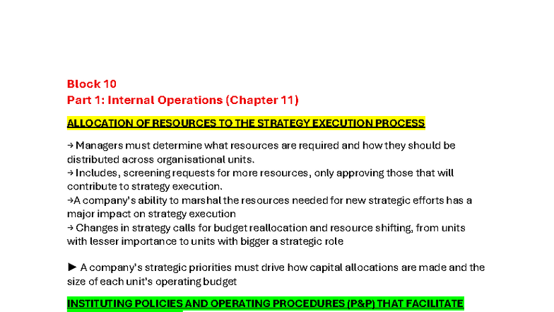 Block 10: Internal Operations & Resource Allocation for Strategy ...