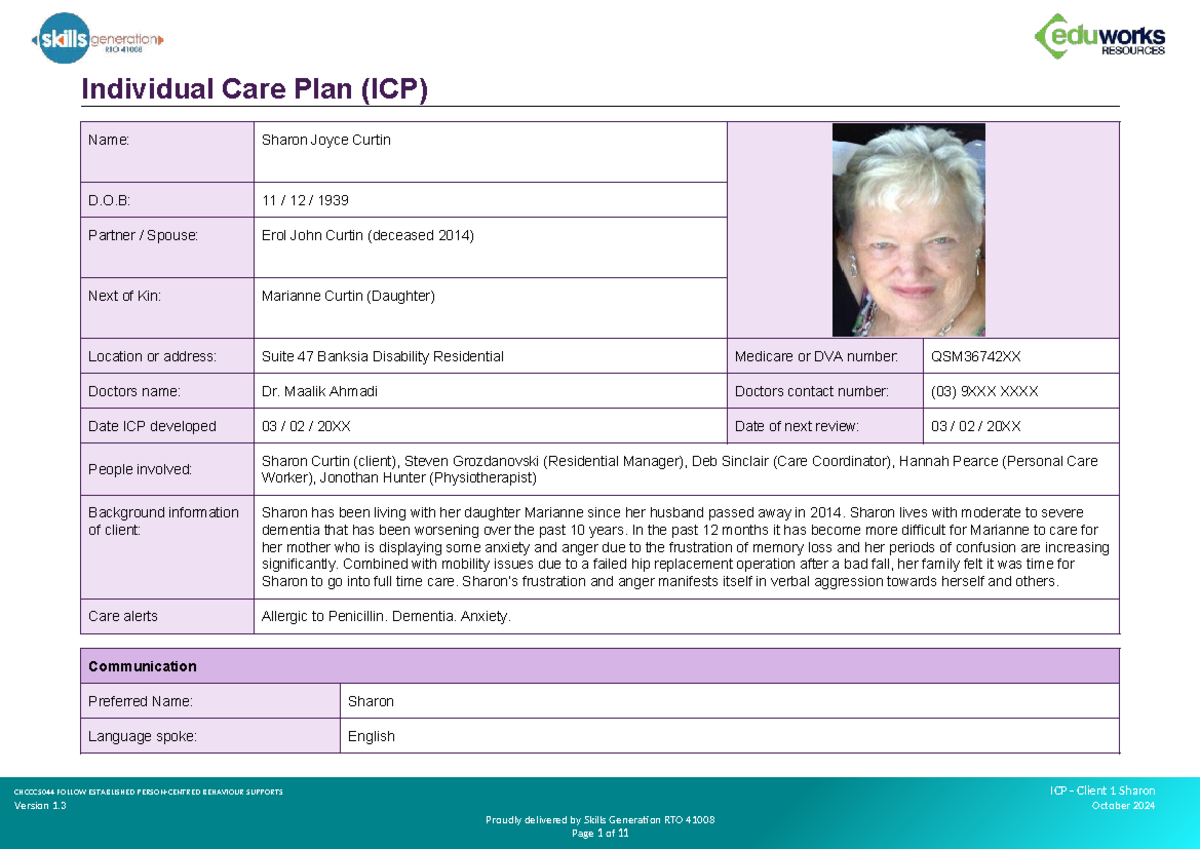 Individual Care Plan (ICP) for Sharon Joyce Curtin - Version 1.3 - Studocu