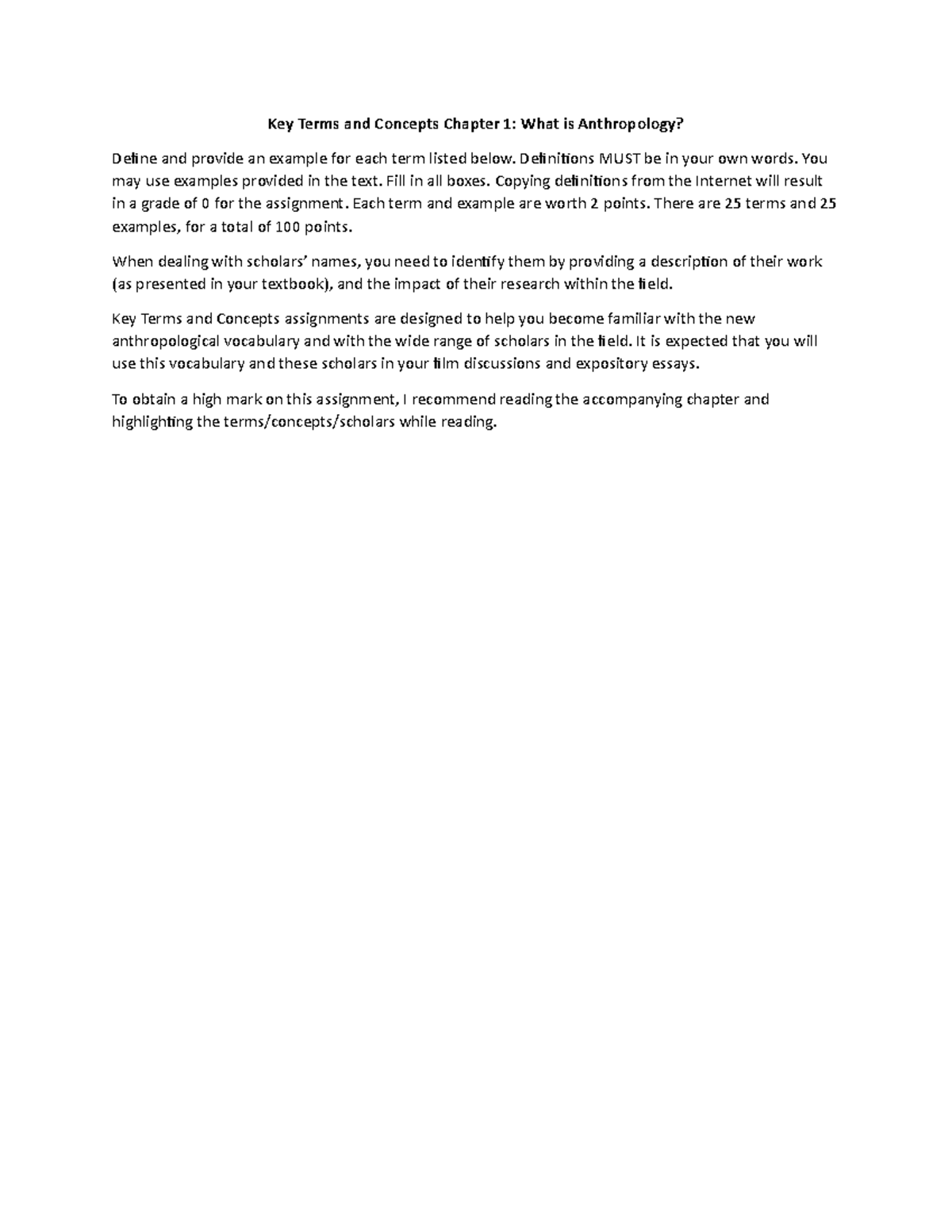 Key Terms and Concepts for Anthropology Chapter 1: Definitions ...