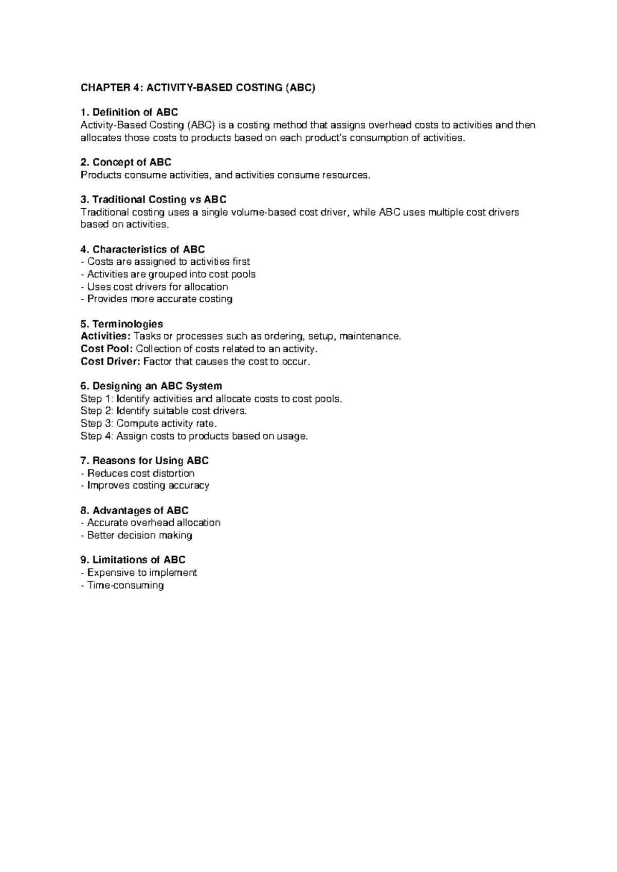 ABC Costing: Chapter 4 Exam Notes on Activity-Based Costing - Studocu