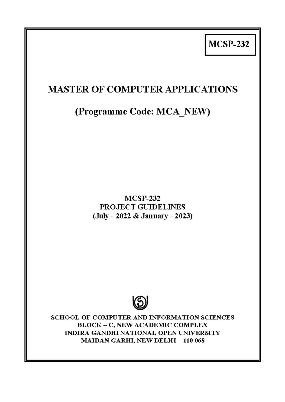 MCSP-232 Project Guidelines: Master of Computer Applications (Jan 2023 ...