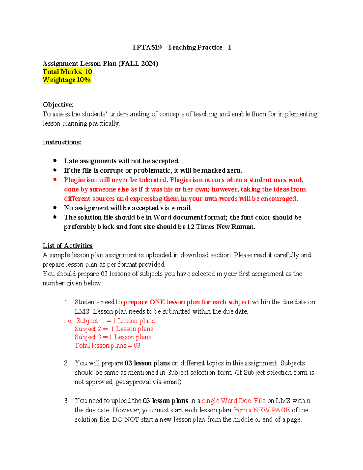 Fall 2024 TPTA519 - Assignment 2: Lesson Plan Development Solutions ...