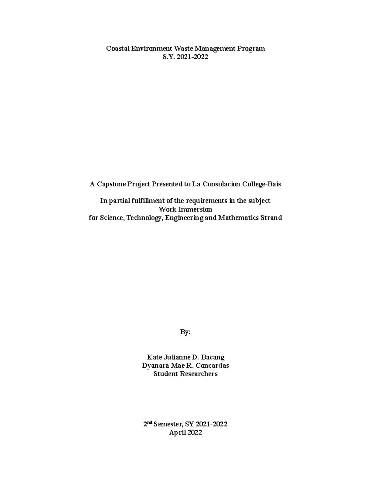 Coastal Waste Management Program: Capstone Project (Work Immersion ...