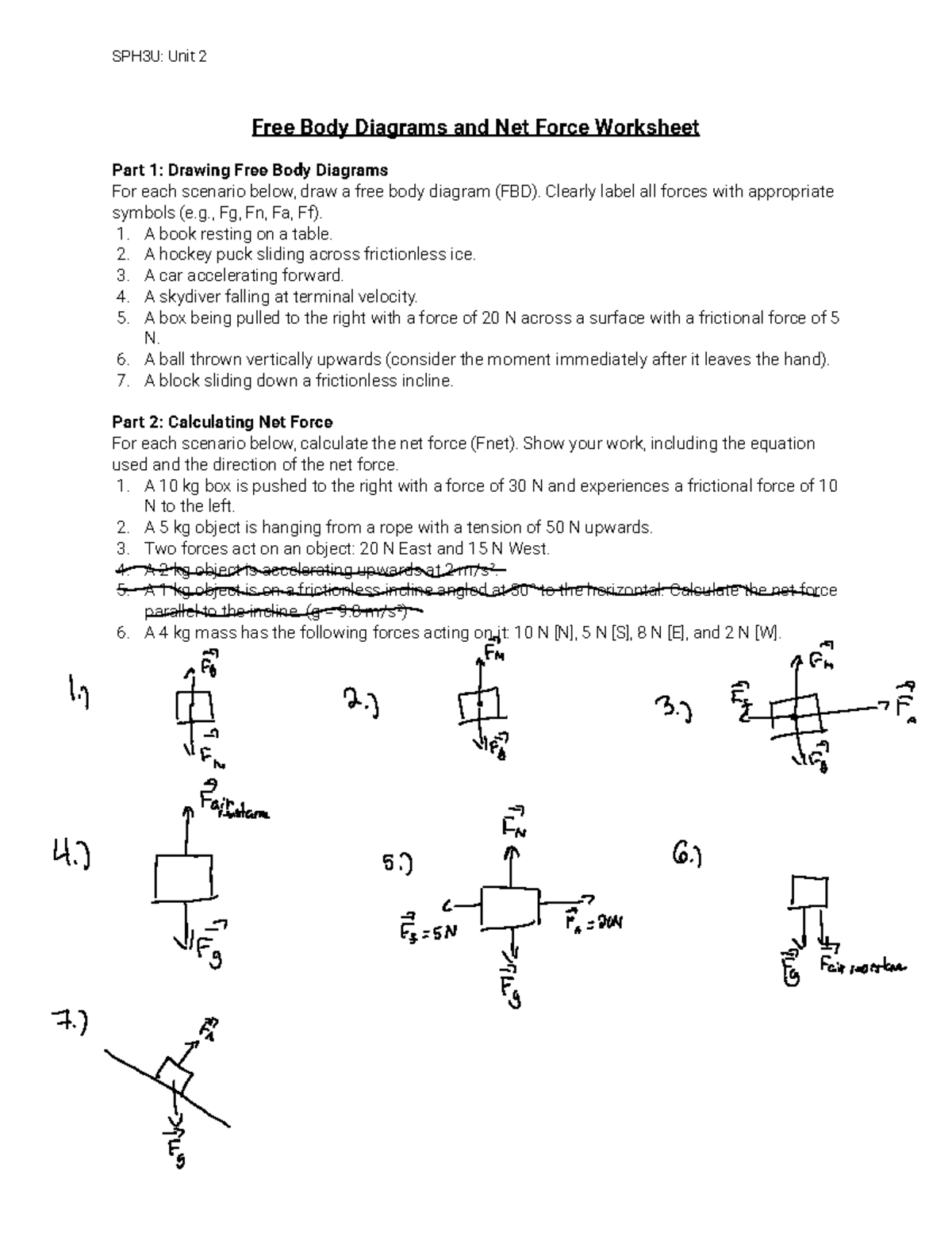 SPH3U: Forces worksheet and answers on free body diagrams and net force ...
