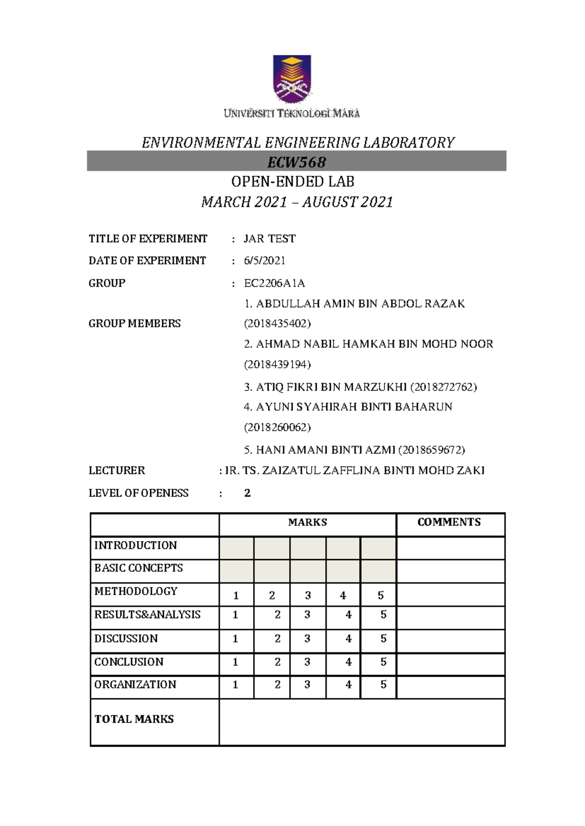 Jar Test Lab Report ecw568 - ENVIRONMENTAL ENGINEERING LABORATORY ECW ...
