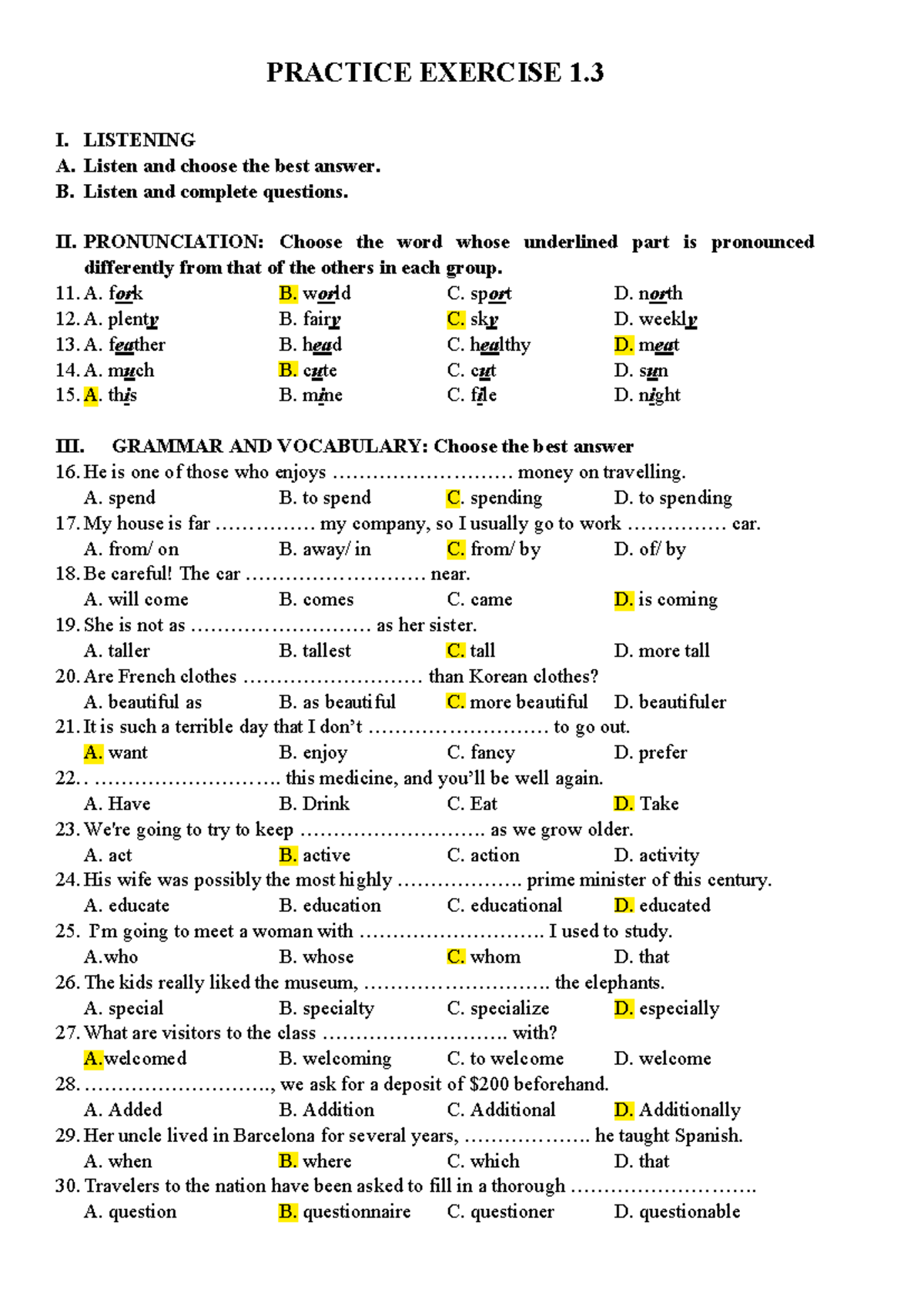 Listening, Pronunciation, Grammar & Vocabulary Practice Exercises - 1.3 ...