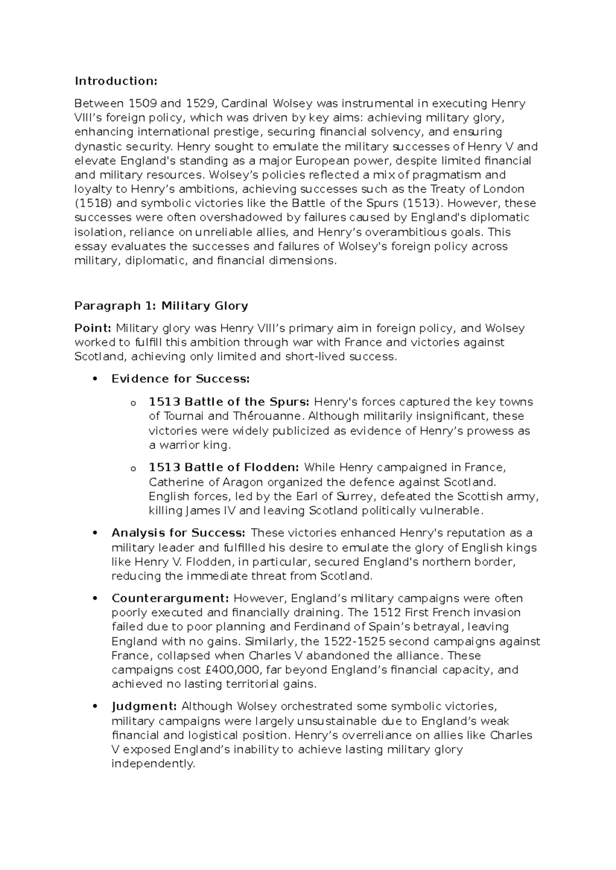 Henry VIII & Wolsey's Early Foreign Policy (1509-1529) Essay Plan - Studocu