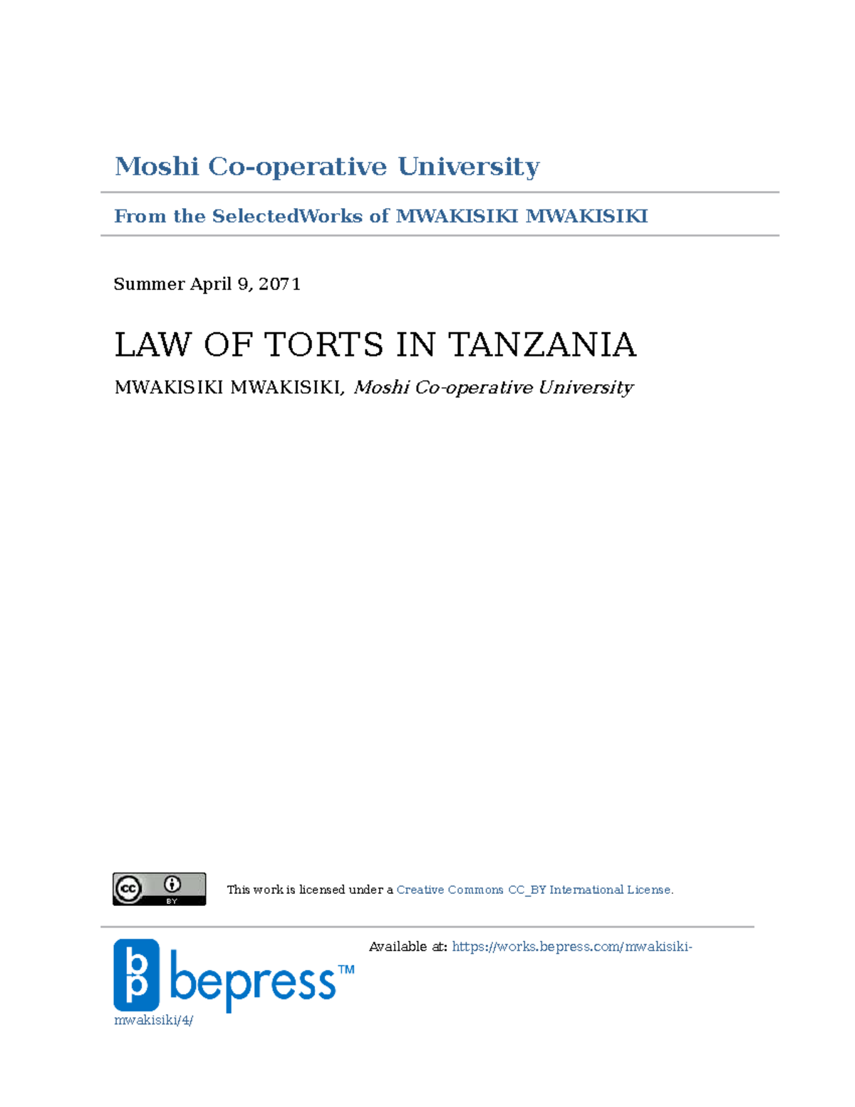LAW OF TORTS NOTES - A STUDENT TRAINING MANUAL (MWAKISIKI) - Studocu