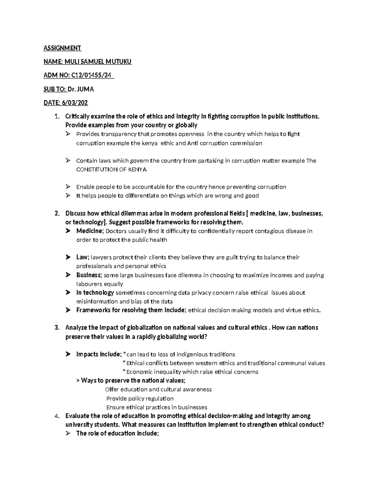 PHIL Assignment - a guide - ASSIGNMENT NAME: MULI SAMUEL MUTUKU ADM NO ...