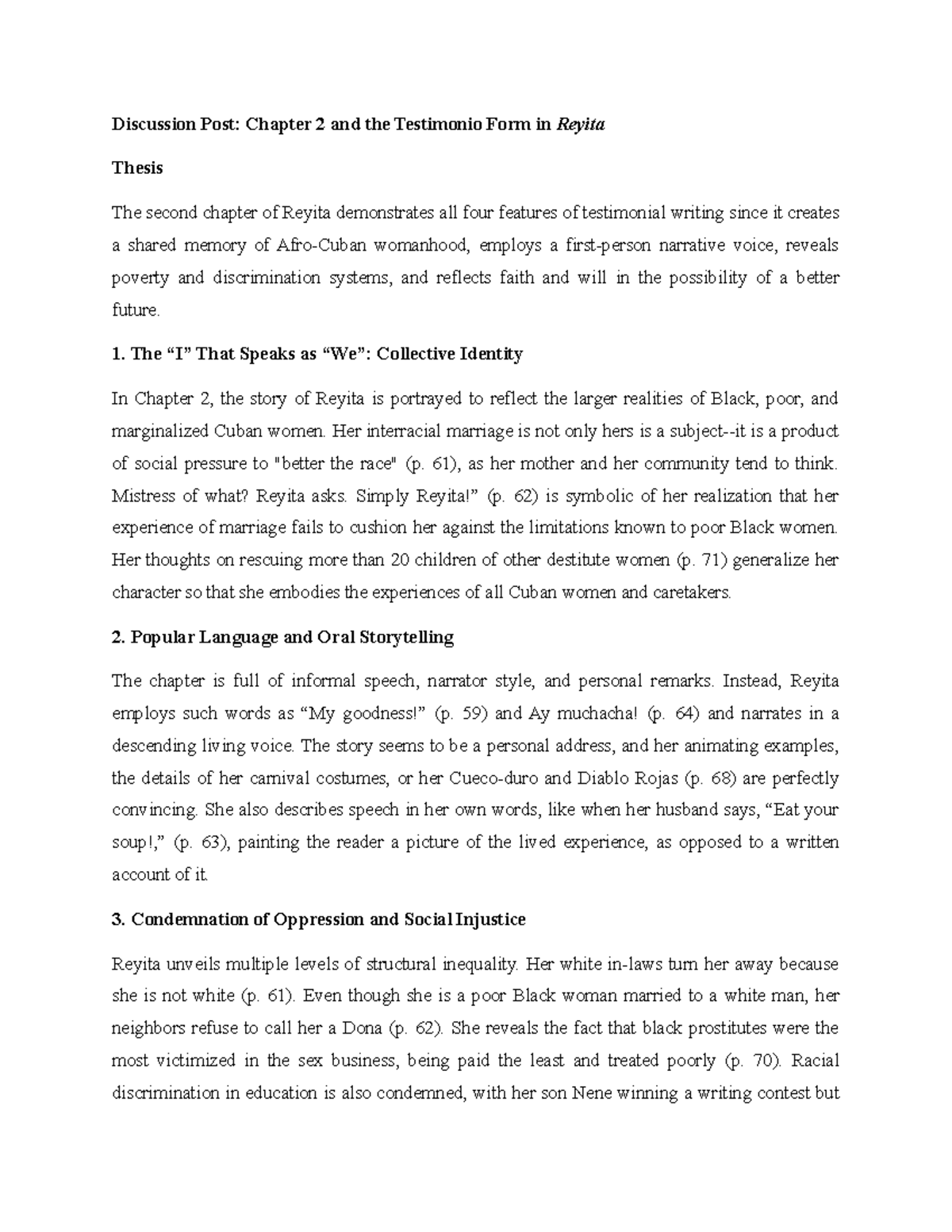 Discussion Post: Chapter 2 Analysis of Reyita's Testimonio Form - Studocu