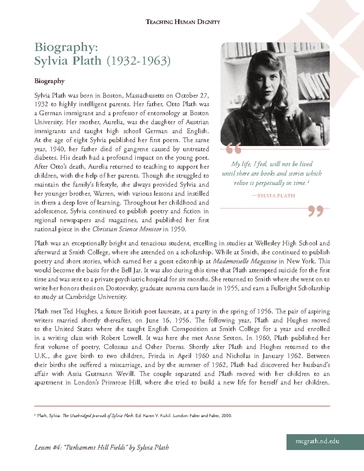 Biography sylvia plath - mcgrath.nd Lesson #4: “Parliament Hill Fields ...