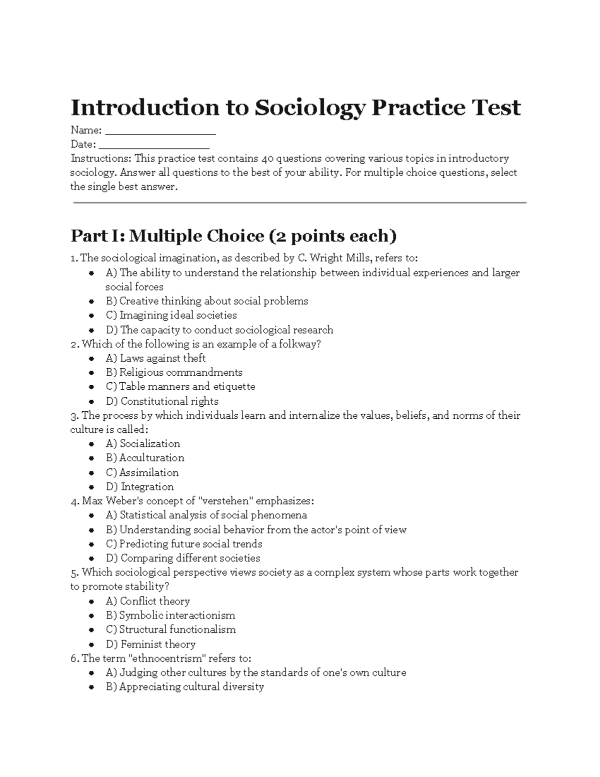 Ch 6 Intro to Sociology Practice Test: Key Concepts & Questions - Studocu
