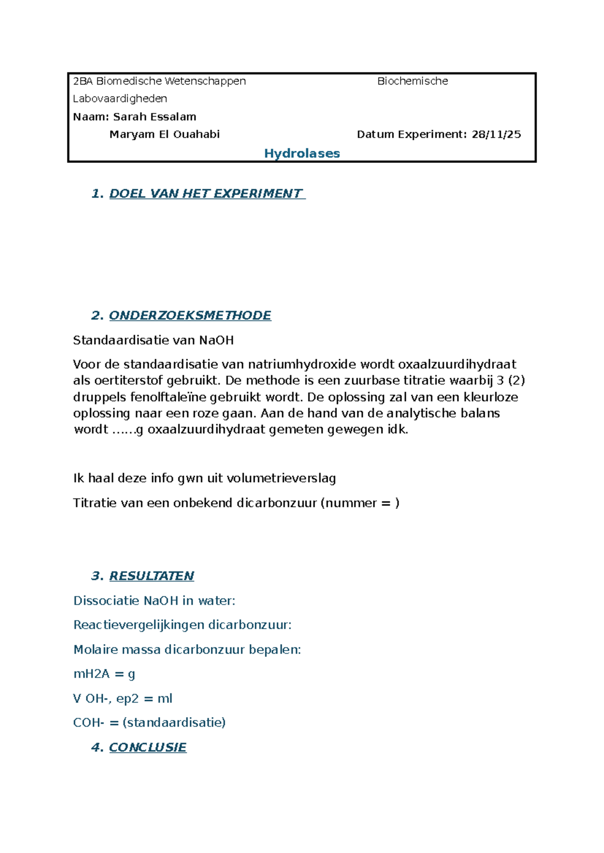 2BA Biomedische Wetenschappen: Labovaardigheden Hydrolases Experiment ...