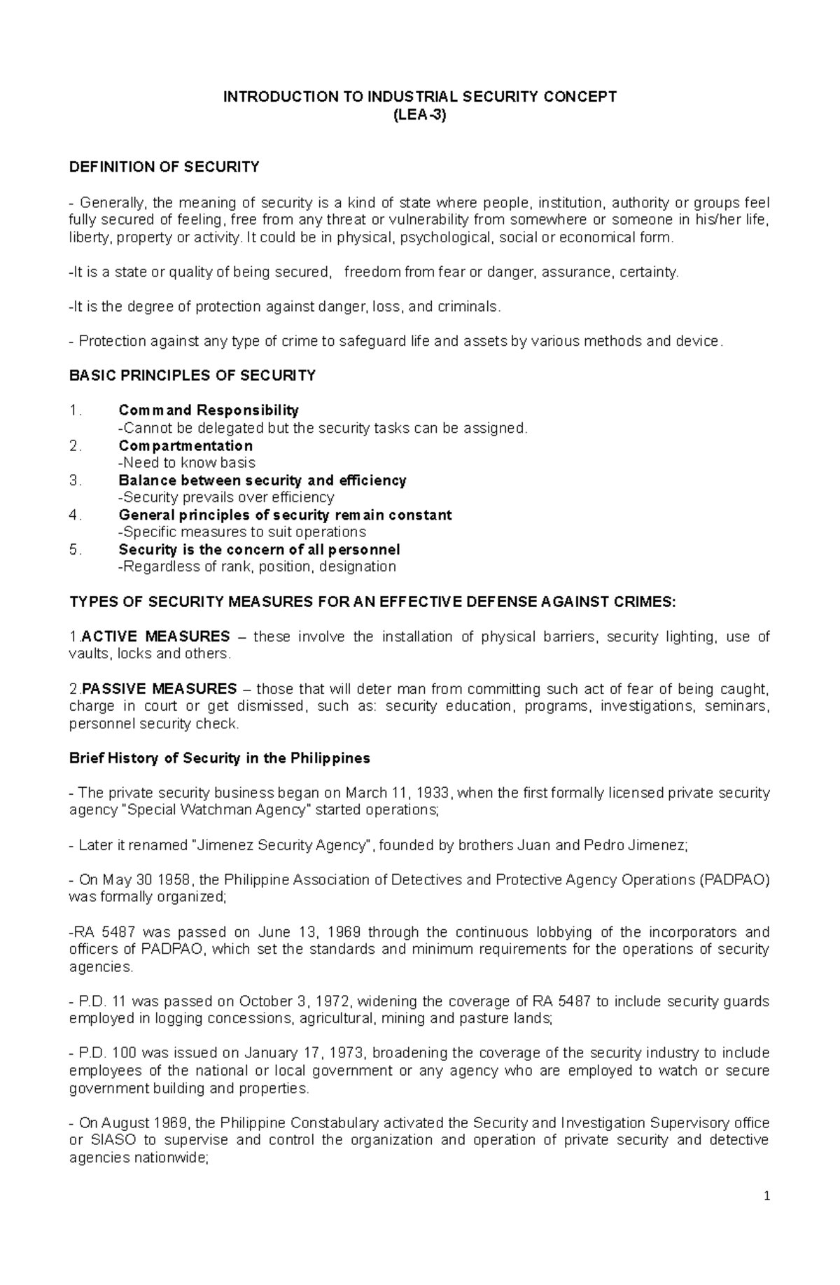 LEA-3 Industrial Security Management: Concepts and Principles Overview - Studocu