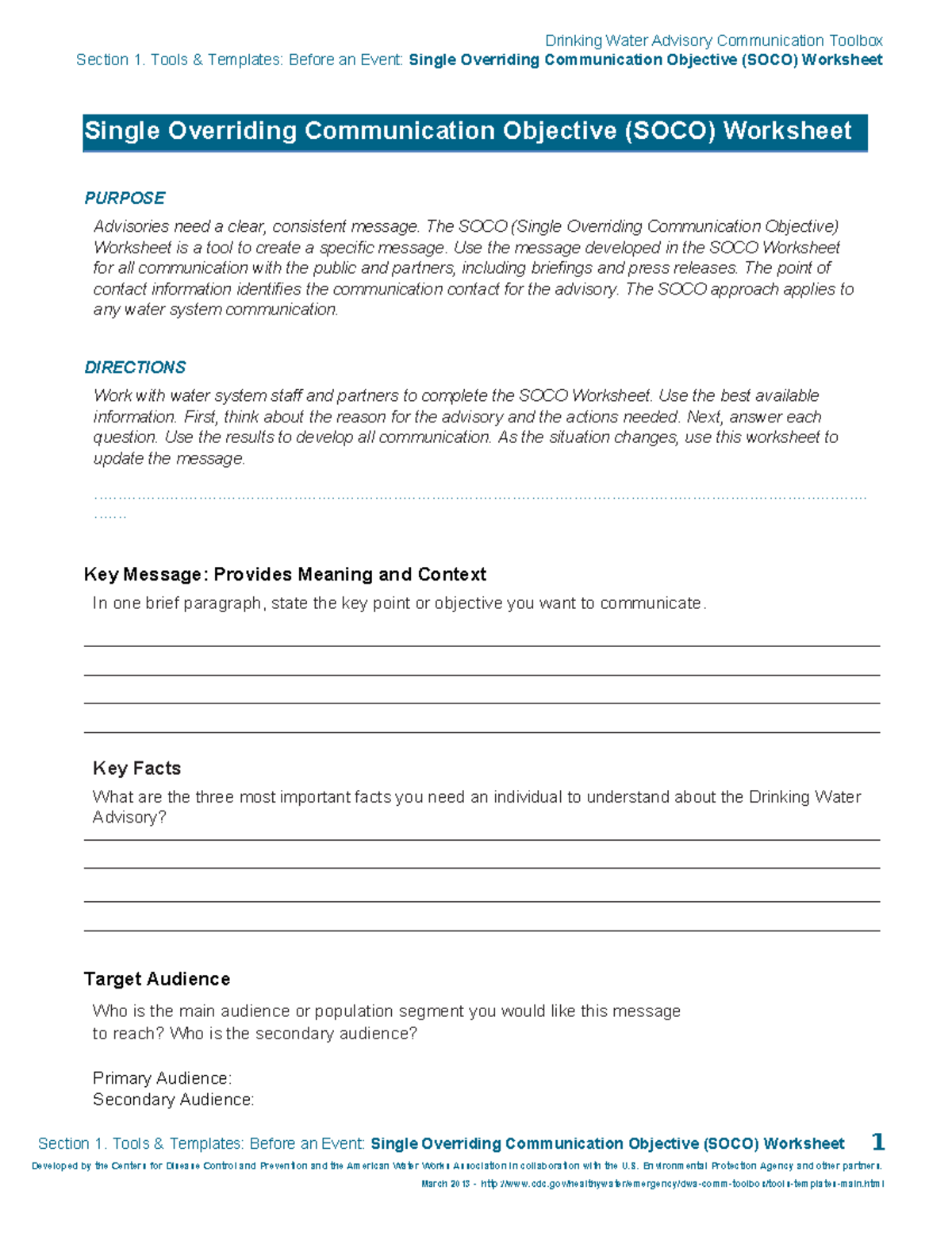 SOCO Worksheet for Drinking Water Advisory Communication (DWA 101 ...