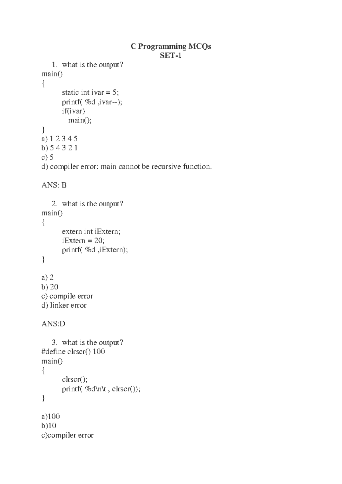 Set-1 C Programming MCQs - Multiple Choice Questions - Studocu