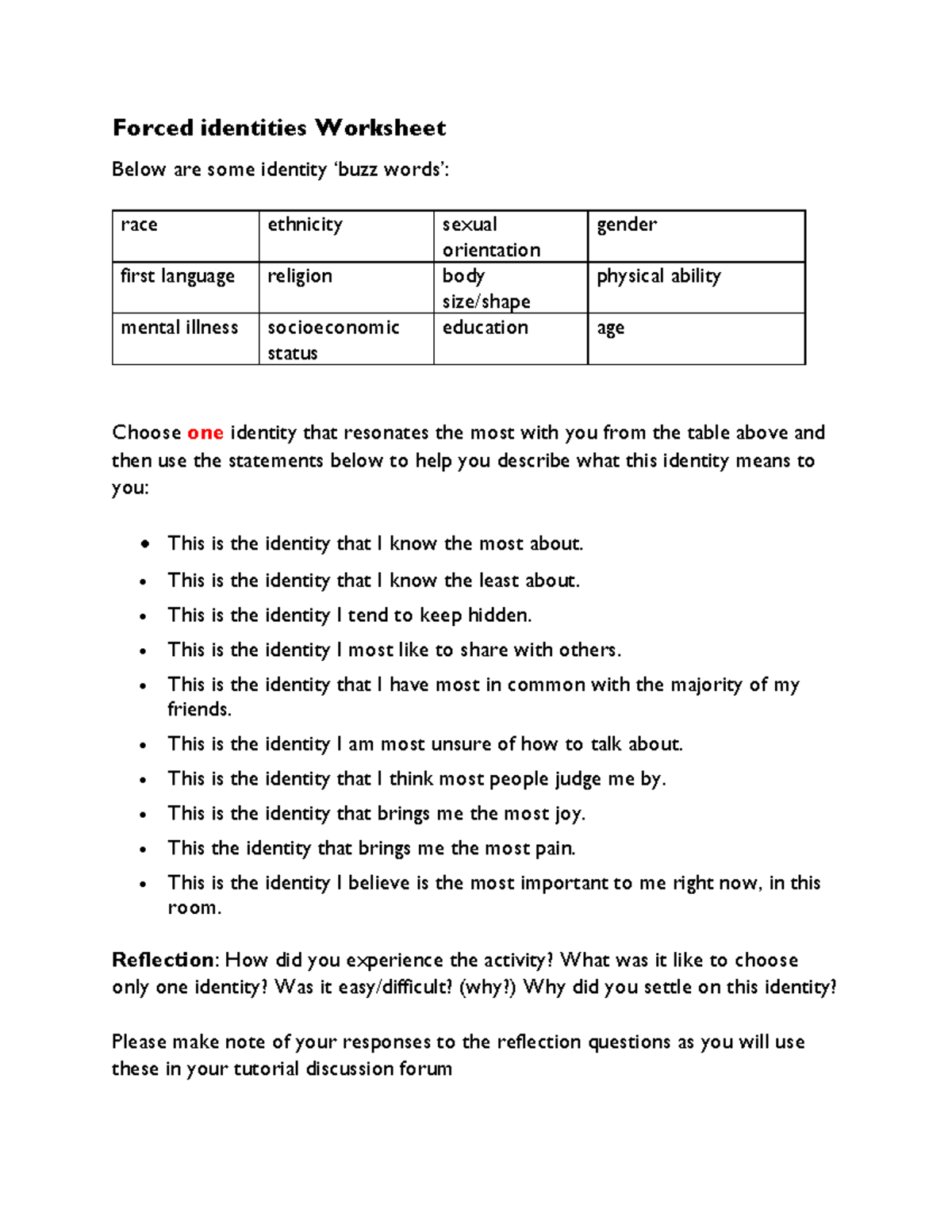 Forced Identities Reflection Worksheet for Self-Exploration - Studocu