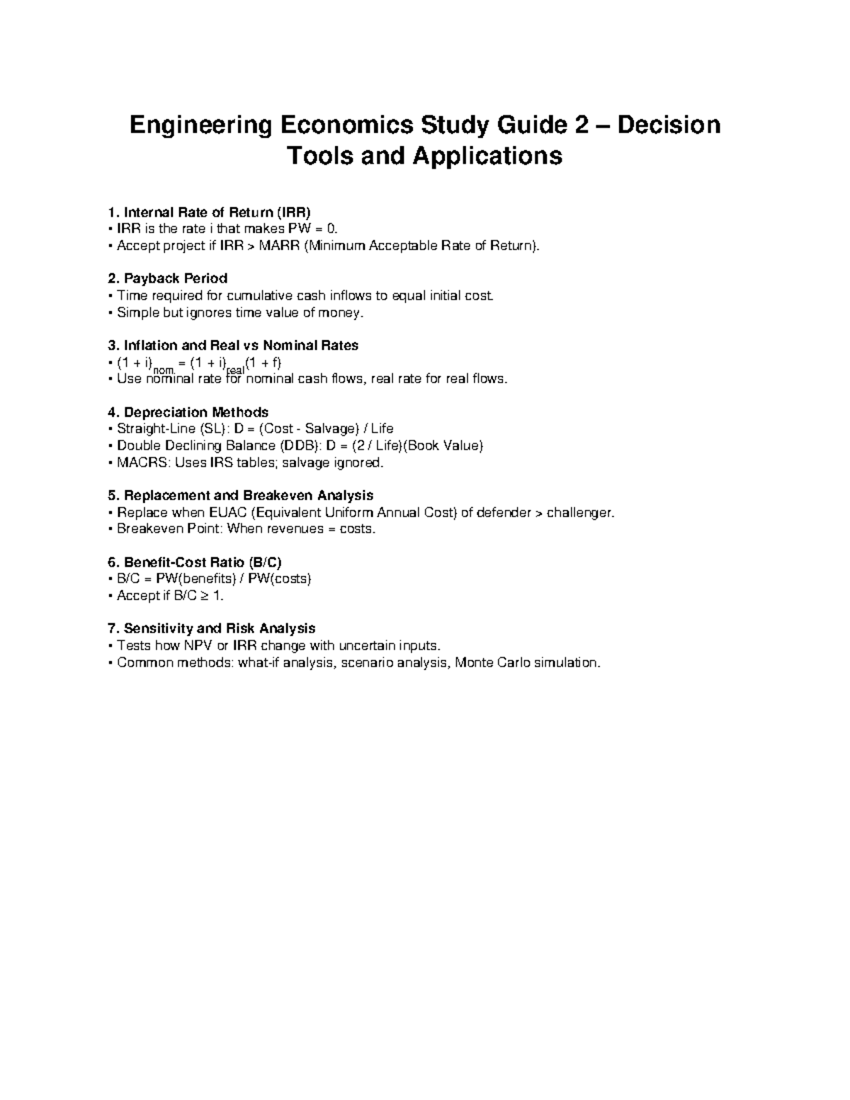 Engineering Economics Study Guide 2: Key Decision Tools & Applications ...