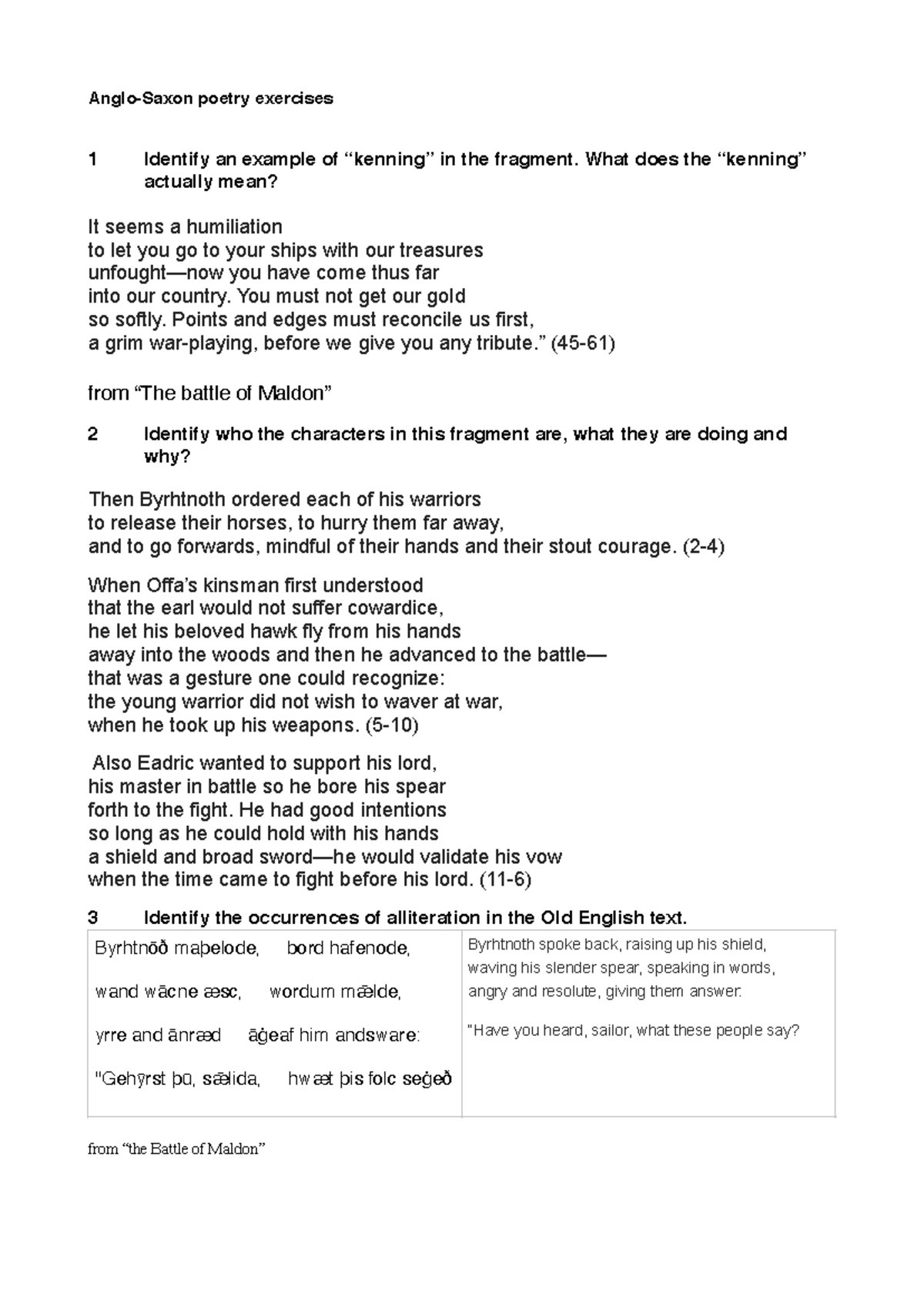 Anglo-Saxon Poetry Tasks: Analysis of "Battle of Maldon" Fragment ...
