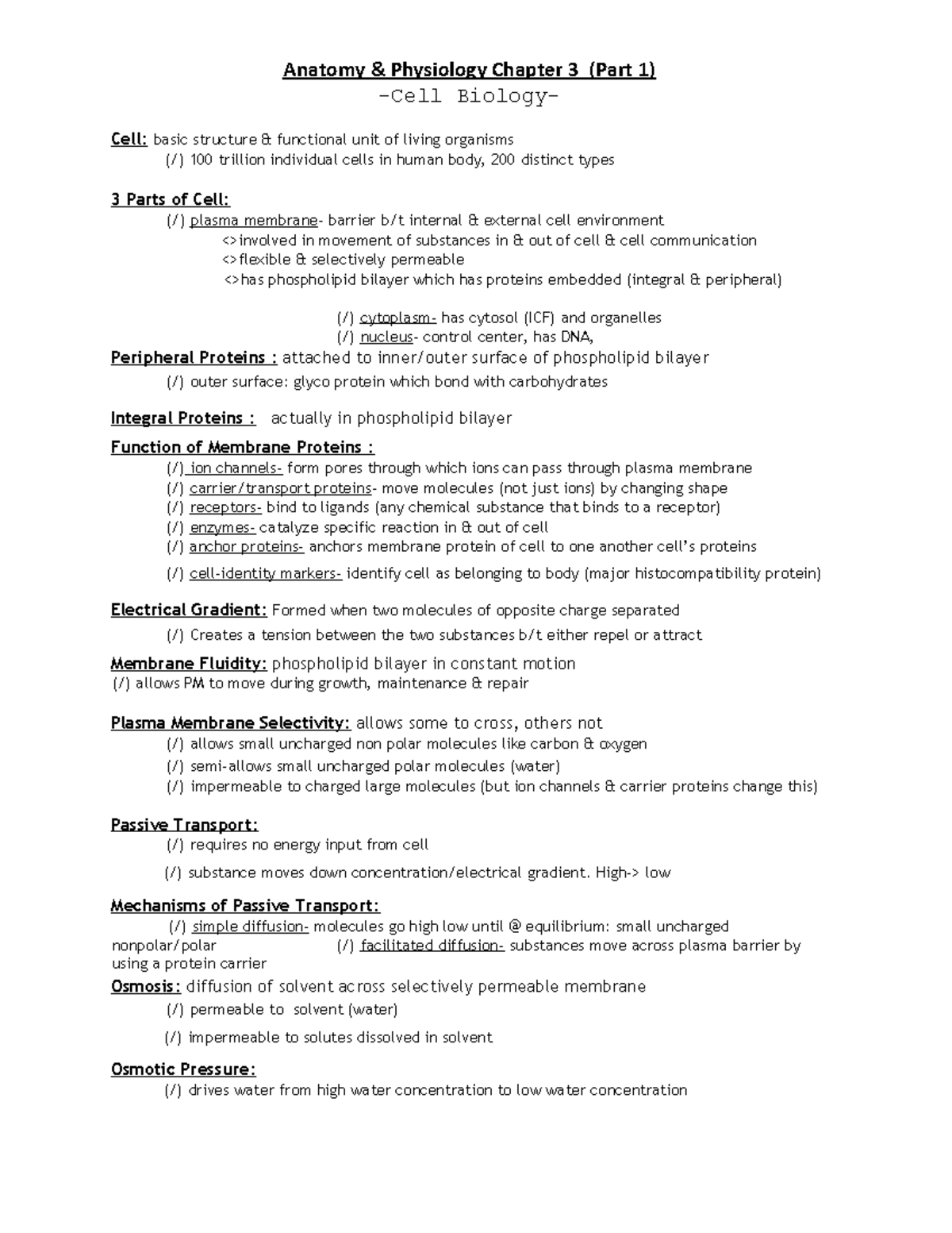 A&P BIO 101 Lecture Notes: Anatomy of the Cell (Ch 3 Part 1) - Studocu