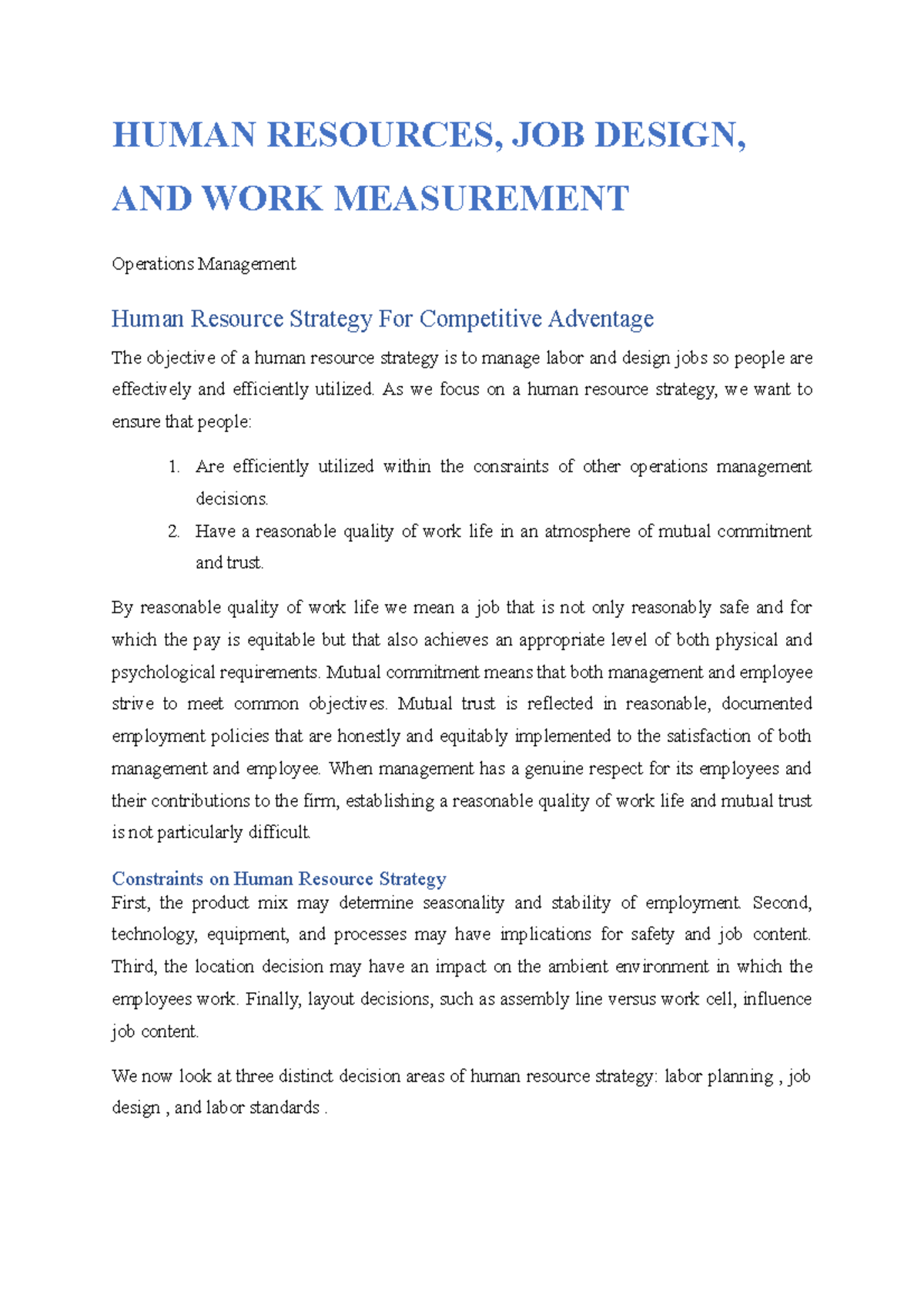 HR Strategies: Job Design and Work Measurement in Operations Mgmt 1 ...