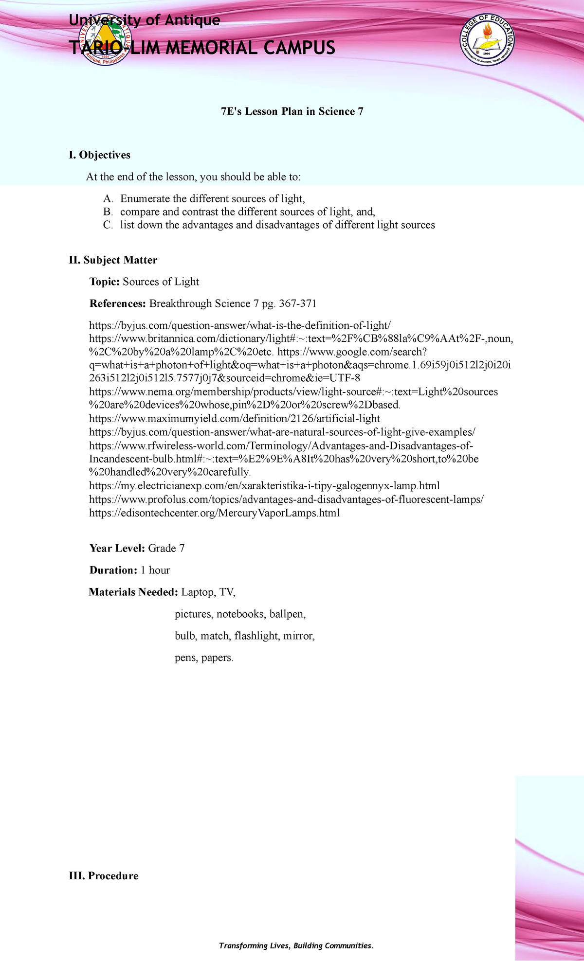 Lesson Plan for Science 7: Sources of Light (Grade 7) - Studocu