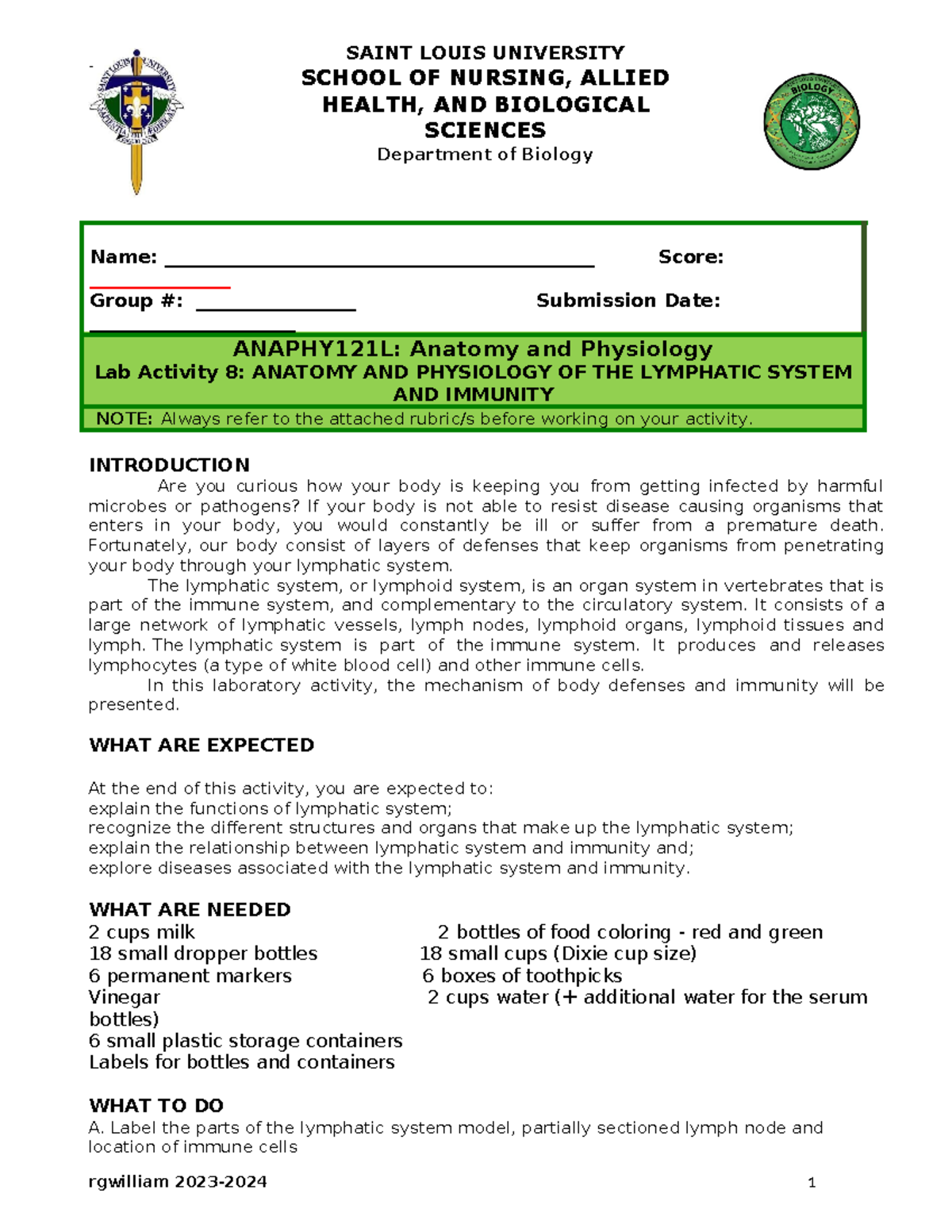 Lab Activity 8: ANAPHY121L - Lymphatic System & Immunity Overview - Studocu