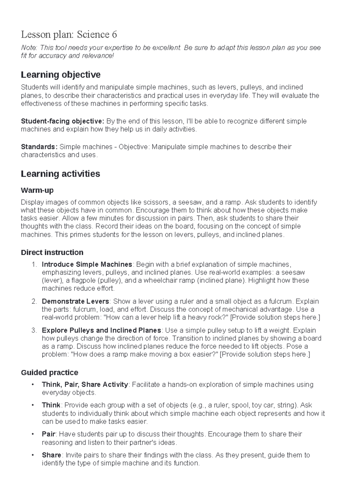 Science 6 Lesson Plan: Exploring Simple Machines and Their Uses - Studocu
